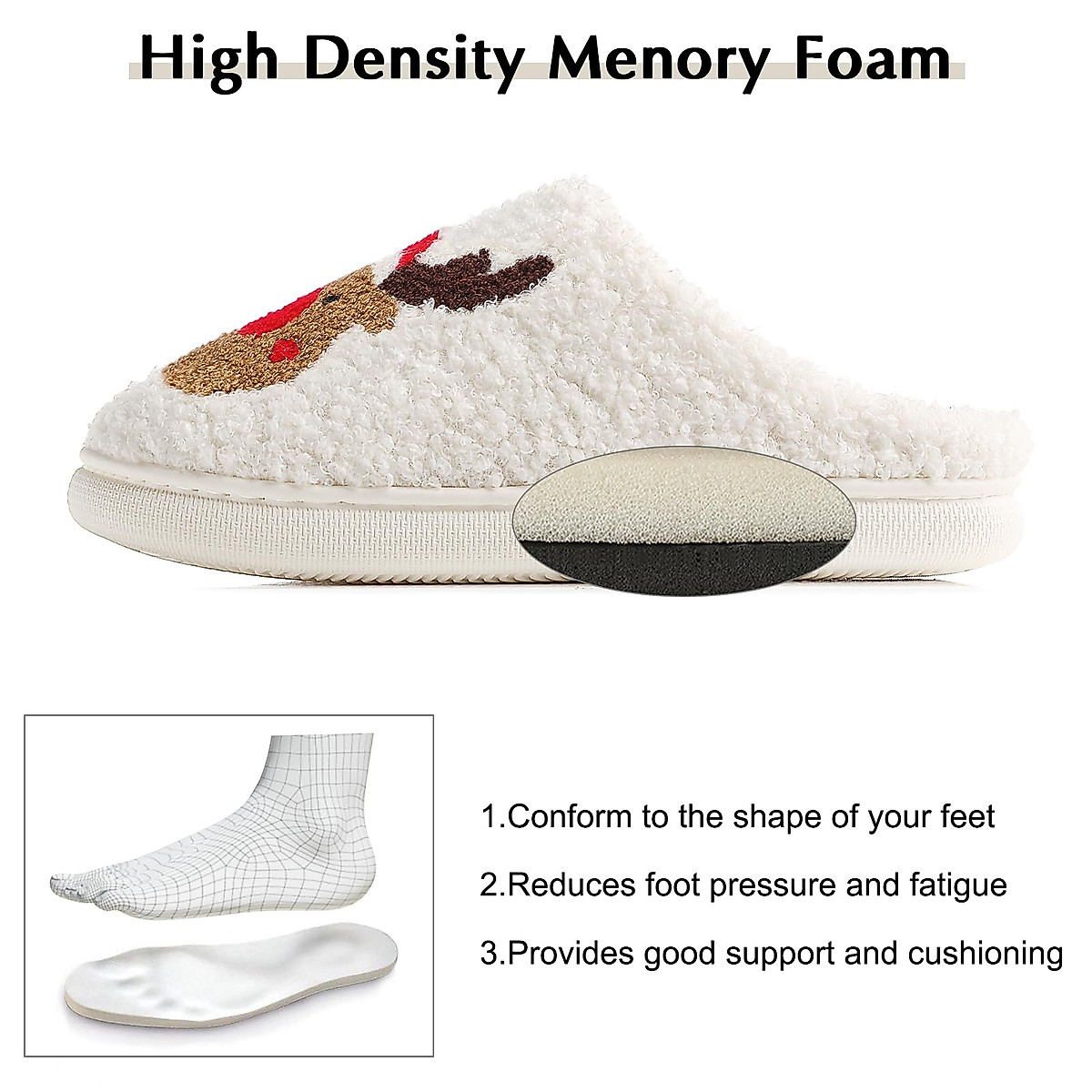 Adisputent Reindeer Slippers for Women Men Elk Slide Slippers Fun Xmas Slippers Cute Christmas Soft Plush Slippers Warm Winter Non-Slip House Shoes A Red 6.5-7.5 Women/5-6 Men