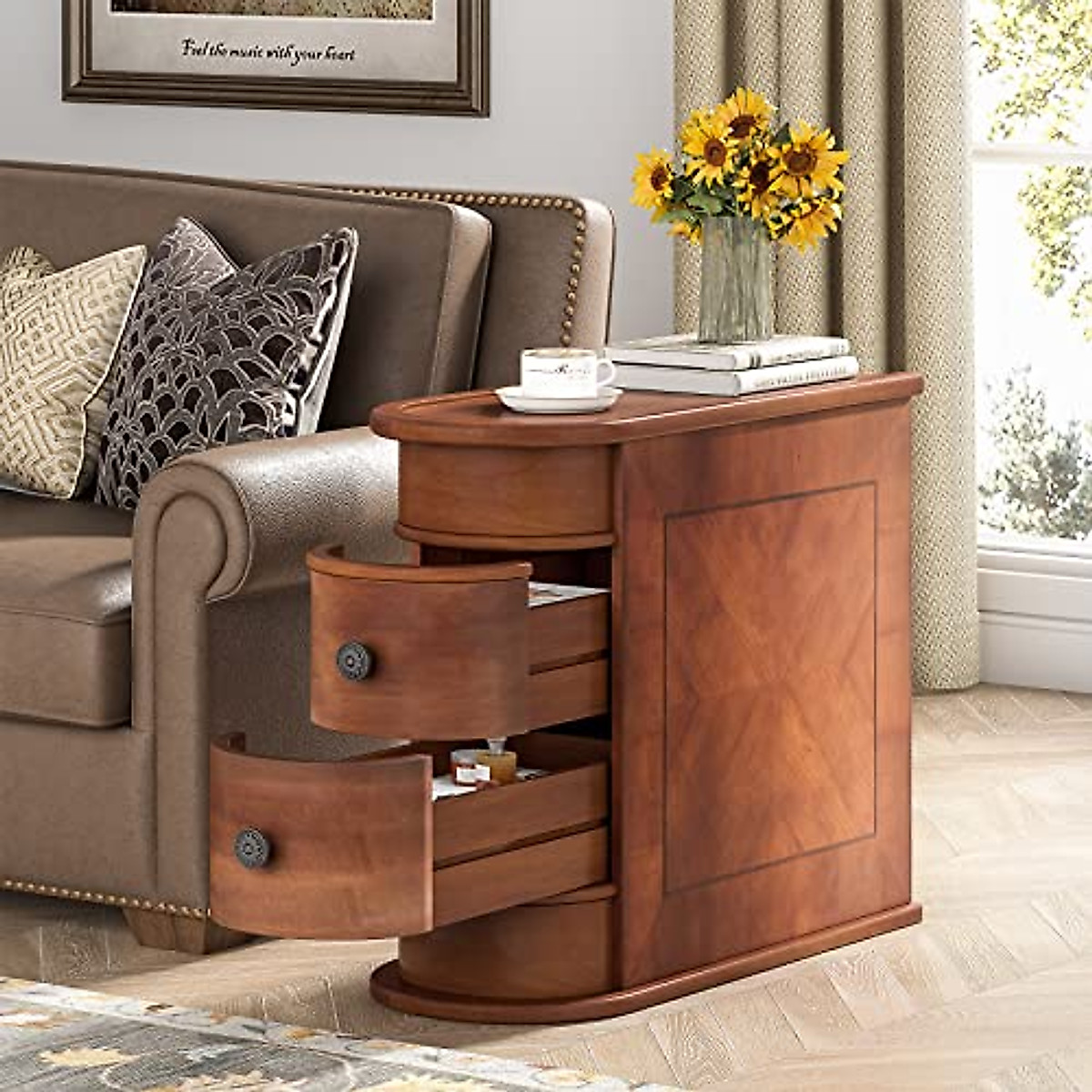 LITTLE TREE Wood End Table with 2 Drawers Sofa Side Table for Living Room, No Assembly Required Vintage Slim Nightstand Bedside Table for Bedroom, Brown