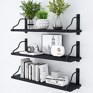 Inforth Wall Shelves, Wood Wall Mounted Shelves for Wall Storage, Floating Shelves for Wall Display with Metal Bracket, Hanging Shelves for Bedroom Kitchen Living Room (Black, 17 Inches)