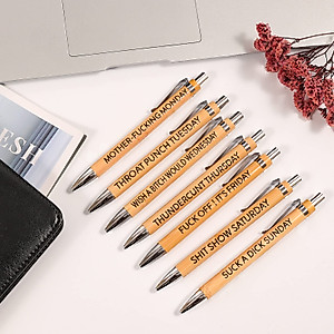 Lestp 7Pcs Funny Work Pens for Adults Funny Sarcastic Gifts Funny Bamboo Pens Swear Word Daily Pen Set Seven Days of The Week Pens The Office Gifts for Women Men Coworkers Funny Desk Accessories