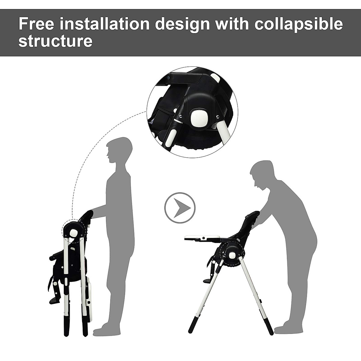 INFANS High Chair for Babies & Toddlers, Foldable Highchair with Multiple Adjustable Backrest, Footrest and Seat Height, Removable Tray, Detachable PU Leather Cushion, Built-in Rear Wheels (Black)