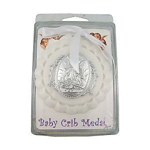 Moulded Acrylic White Crib Medal with Guardian Angel for Baby Nursery Decor, 3 1/2 Inch