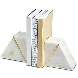 Cork & Mill Marble Bookends - Set of 2 Heavy Decorative Book Stoppers with Non-Skid Bottom - Handcrafted Solid Marble Bookshelf Decor (White + Brass)