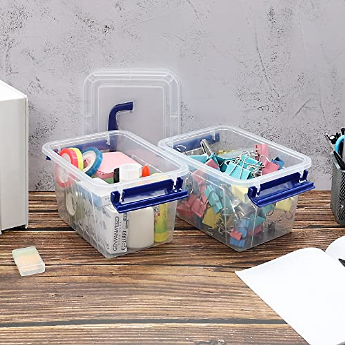 Jandson 3.5 Liter Clear Storage Bin, Latching Box Container with Blue Handle, 6 Packs