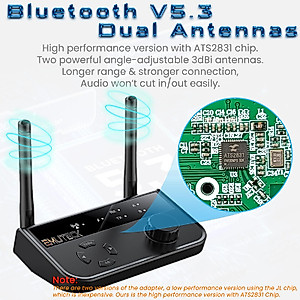 Emuteck Bluetooth Transmitter Receiver, Long Range 2-in-1 Bluetooth 5.3 Audio Adapter for TV PC to 2 Wireless Headphones with Adjustable Volume, 3.5mm AUX RCA for Home Stereo Speaker CD MP3 Player