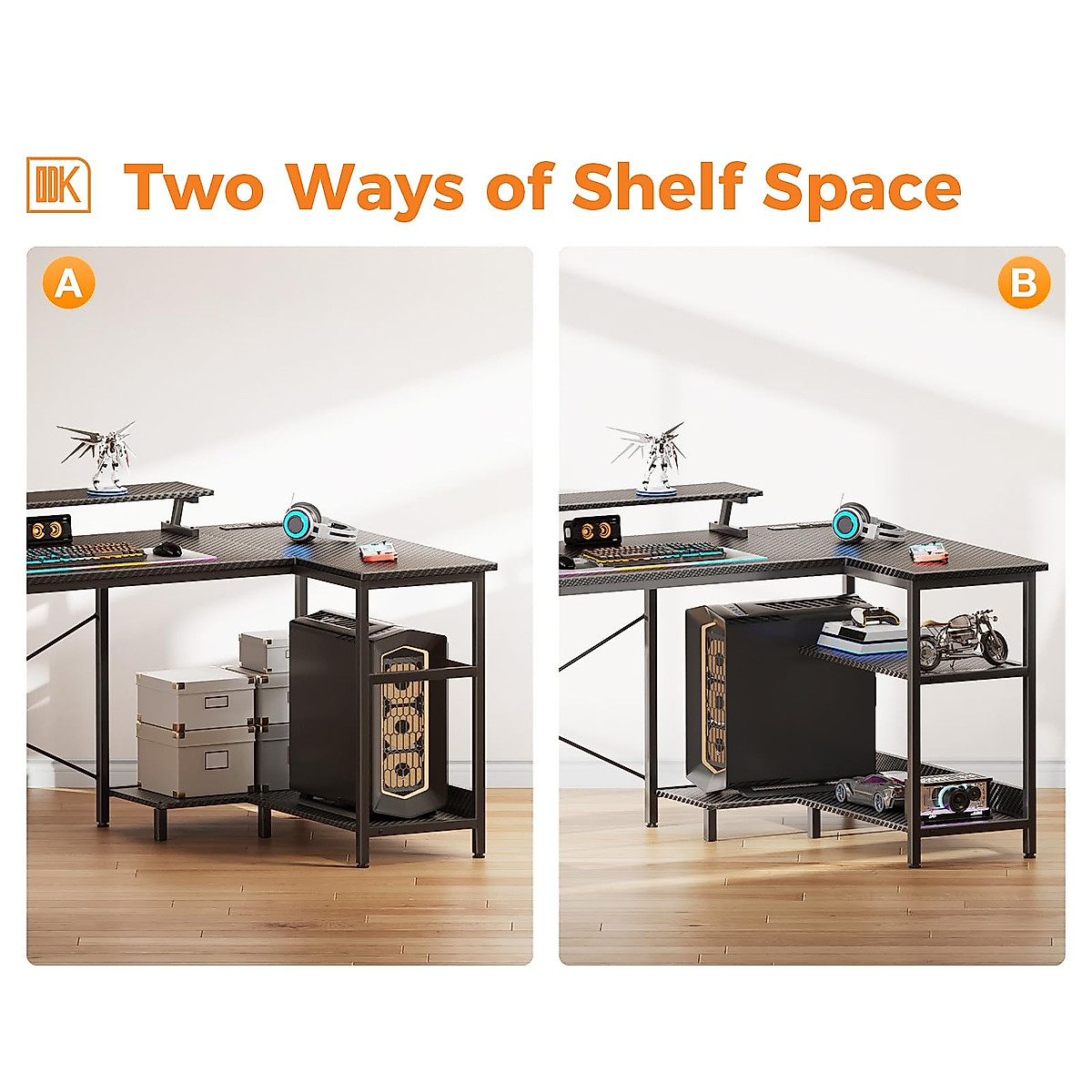 ODK 48 Inch Gaming Desk with USB Charging Ports and LED Lights, Reversible L Shaped Computer Desk with Storage Shelves & Monitor Stand, Corner Gamer Desk Table with Power Outlets, Black