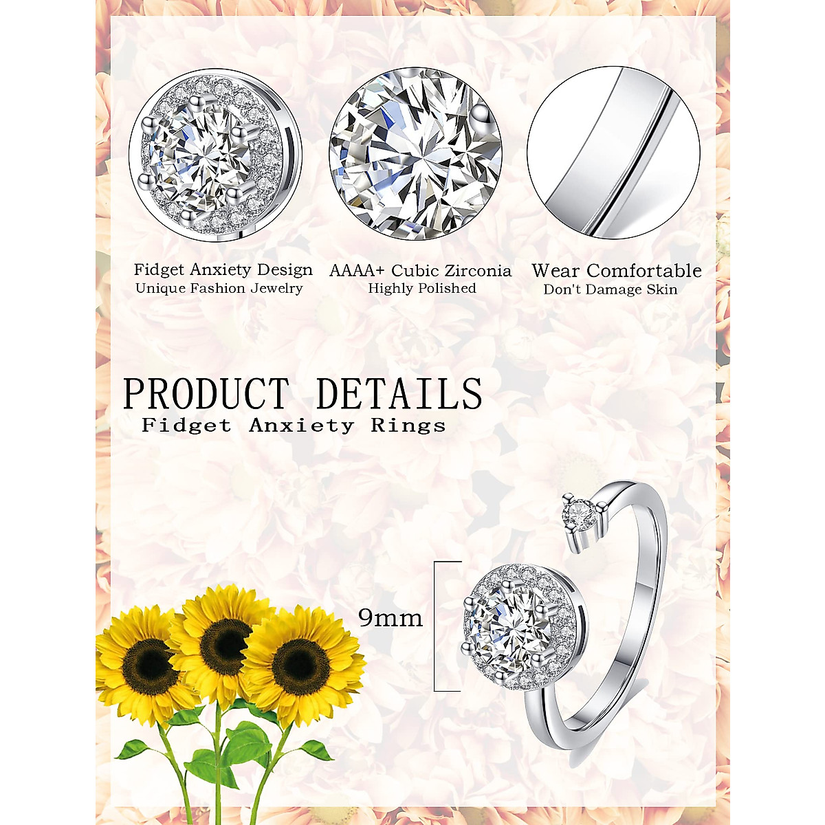 Akeoqi Fidget Anxiety Rings Rotatable Stress Relief Bead Ring Size Adjustable Open Design Ring Spinner Fidget Ring Inlaid Cubic Zirconia Round CZ Shape Ring Jewelry for Women Gifts