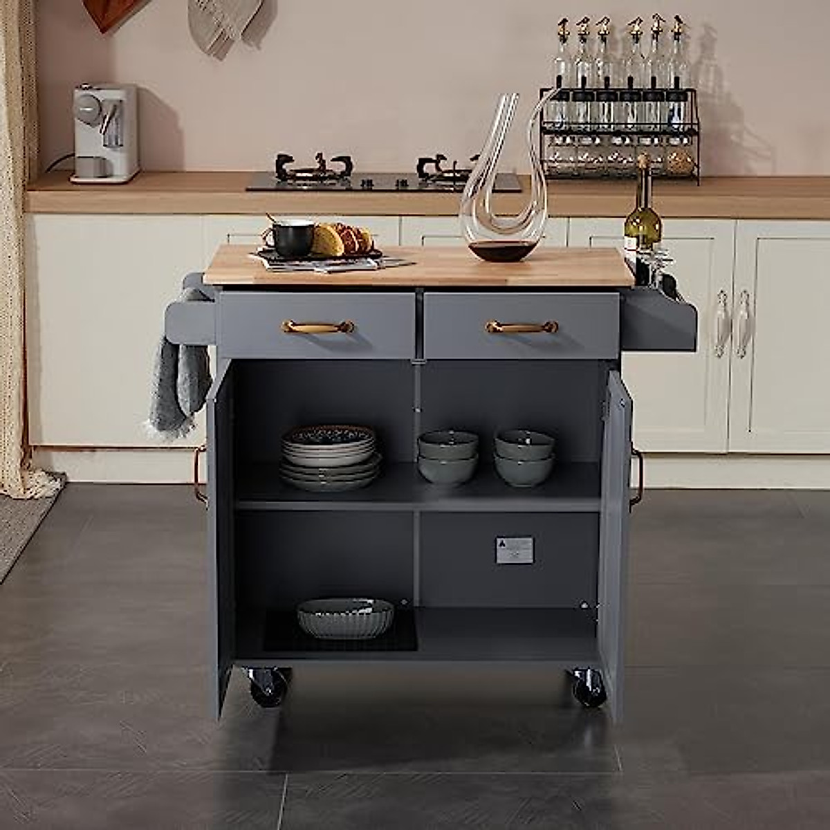 APDYNE Two Door Two Roll Out Kitchen Cart and Storage Cabinet, Rubber Wood Gray Paint Dining Car 99.5 * 40 * 85.5cm, Towel Rack, Adjustable Rack, and Lockable Wheels