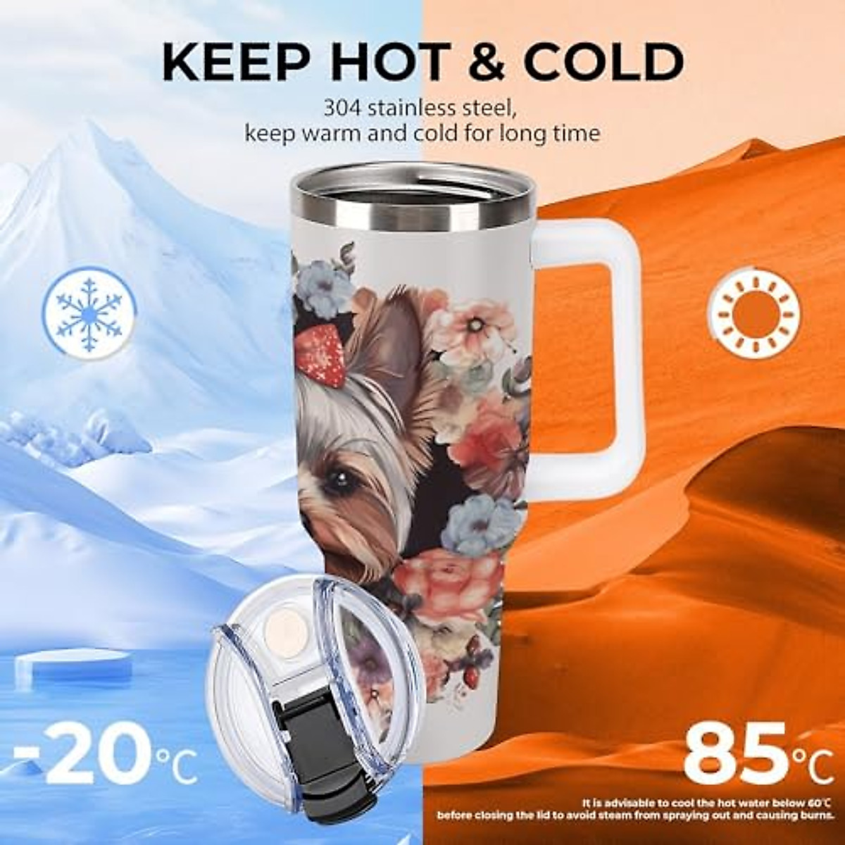 WYUSPGK 40oz Stainless Steel Car Mug, Yorkie Floral Print Travel Mug, Double-Wall Insulated with Straw, Perfect for Car, Office, Outdoor