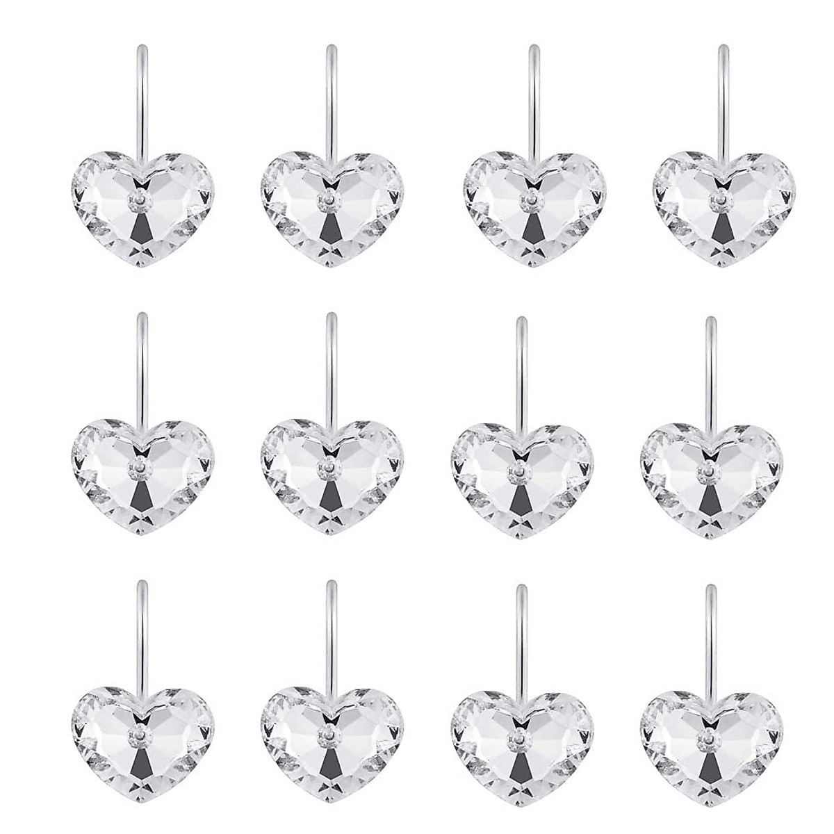 Actpe Decorative Crystal Heart Shape Shower Curtain Hooks Rust Resistant Hooks Glide Shower Ring Hangs Holder Bling for Bathroom, Pack of 12