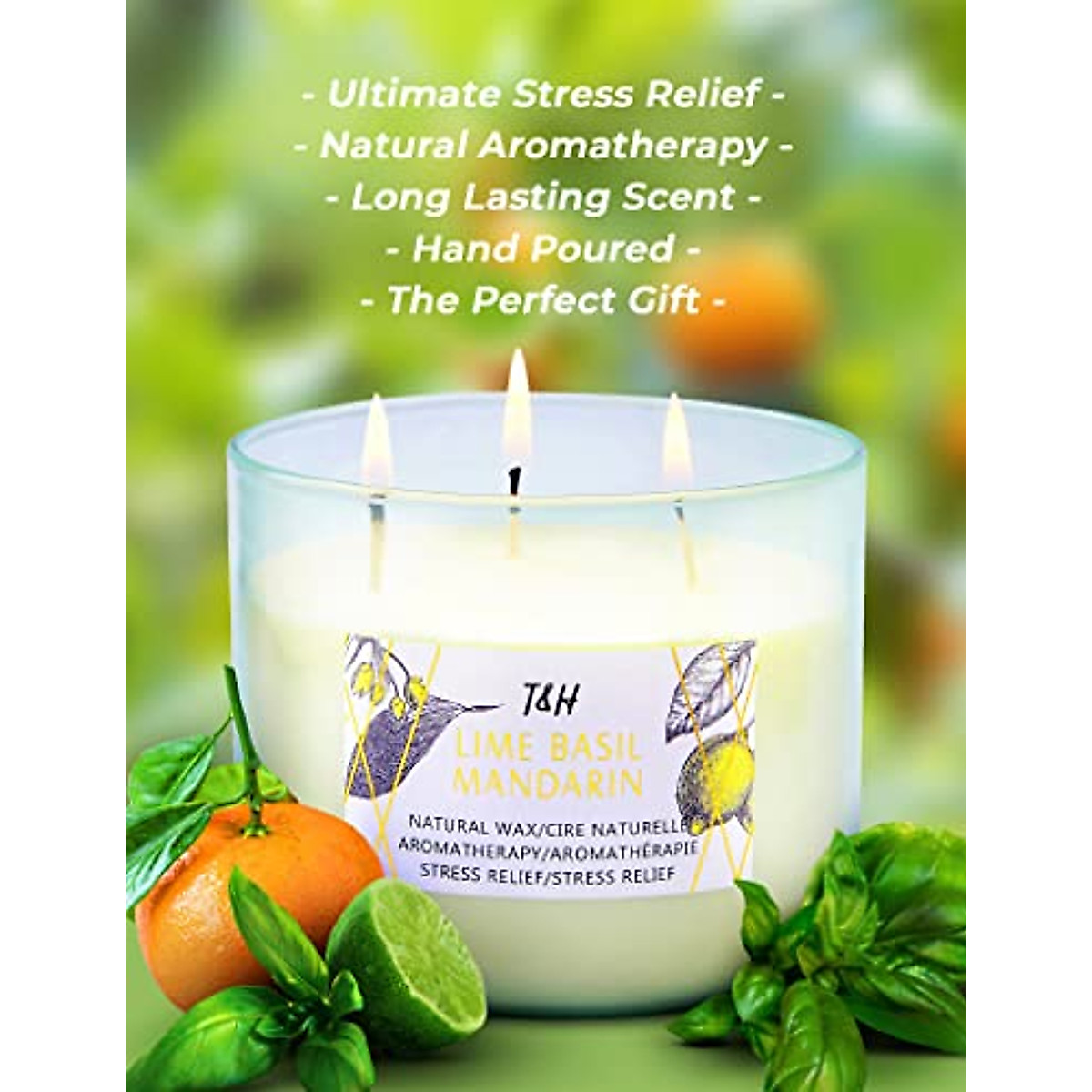 Lime Basil Mandarin 3 Wick Scented Candle with Sandalwood, Ginger & Sage | Natural Stress Relief Aromatherapy Candle 15.8 oz | Strong Scented Soy Candles for Home | Spring Candles for Men & Women