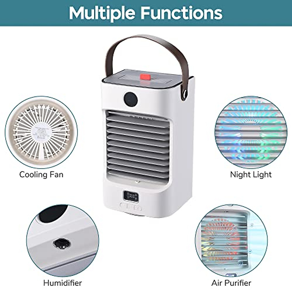 Yescom Portable Desktop Cooler Fan Multiple Functional Air Conditioner Fan with 3 Wind Speed & 7 colors LED Light for Camping Home Office, White