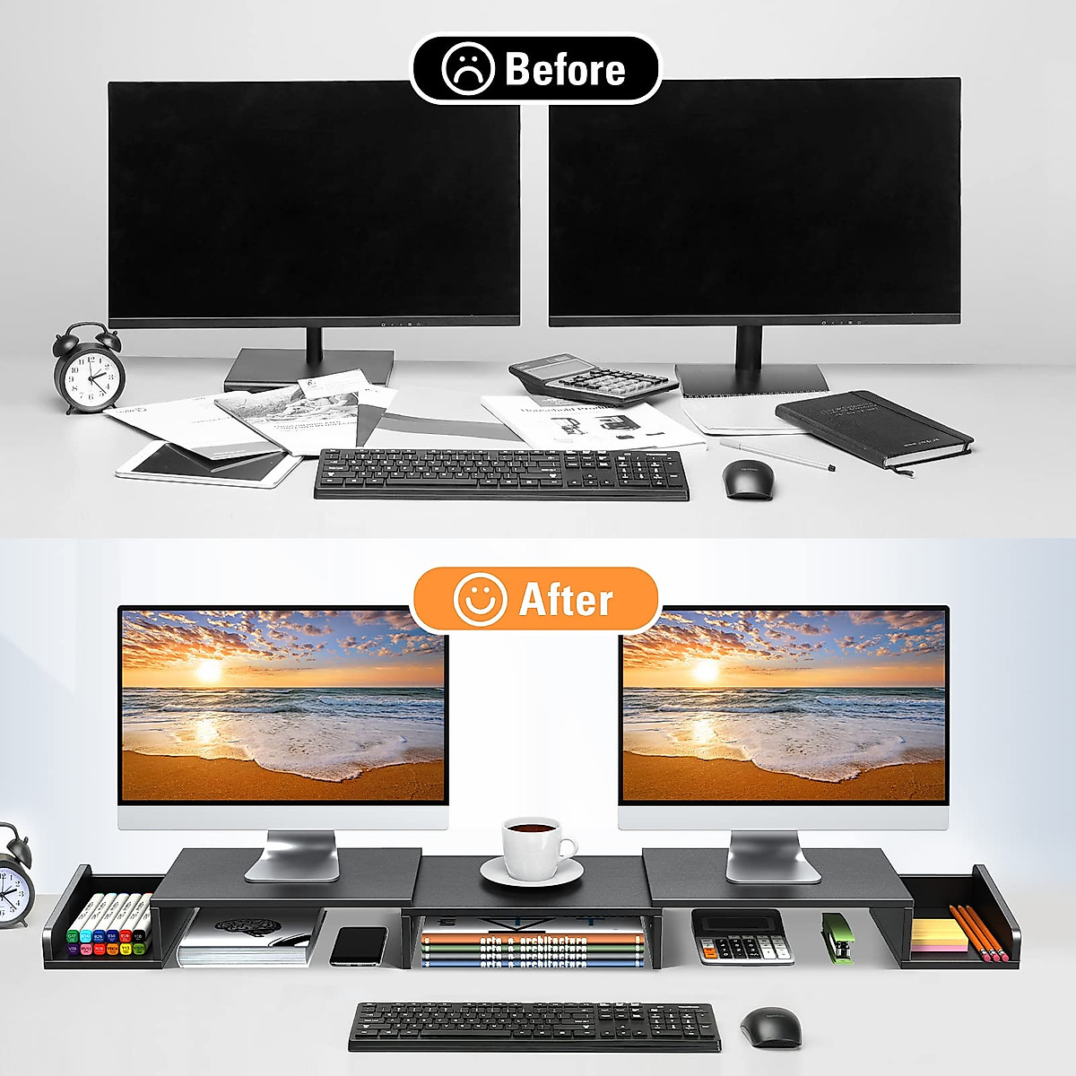 ELIVED Dual Monitor Stand Riser with Two Swivel Drawers, Monitor Stand with Adjustable Length and Angle, Monitor Riser for Desk, Desktop Organizer Stand for Computer, Laptop, Screen, Printer(Black)