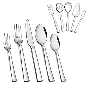 Homikit 35-Piece Silverware Flatware Set with Serving Utensils, Stainless Steel Square Cutlery Set for 6, Eating Utensils Tableware Include Knife Spoon Fork, Dishwasher Safe, Shiny Mirror Polished