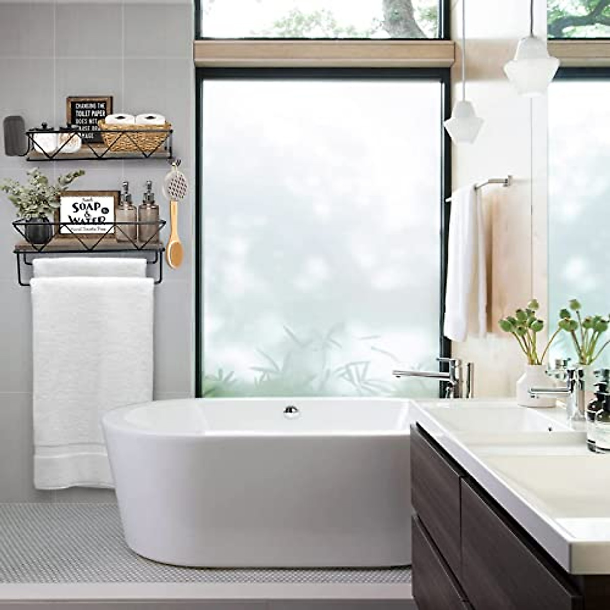 QEEIG Floating Shelves - Bathroom Shelves with Towel Bar Wall Mounted Shelf Farmhouse Bathroom Decor 16 inch Set of 2 (FS014)