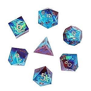 DollaTek Resin Transparent RPG Dice Set, 7pcs DND Dice Set D4 D6 D8 D10 D12 D20, Red and Blue with Gold Foil, for Dungeons and Dragons and Board Games