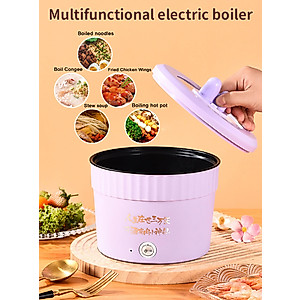 Mini Electric Cooker, Multifunctional Small Pot, Versatile Electric Hot Pot, 1.2L Multi Cooker Pan With Lid & Phone Holder,Portable Ramen Pot Cooker for Small Household Hot Pot (Purple)