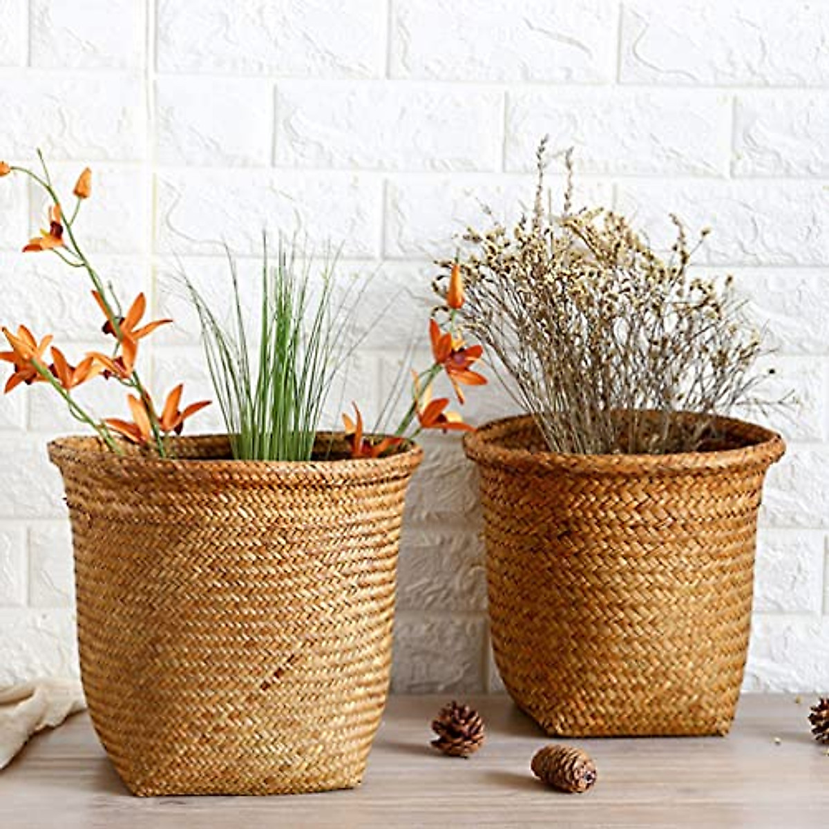 NOLITOY 2pcs Seagrass Waste Basket Woven Trash Can Wicker Waste Paper Basket Round Garbage Container Bin Rattan Laundry Basket Plant Pot for Bedroom Bathroom Kitchen Home Office