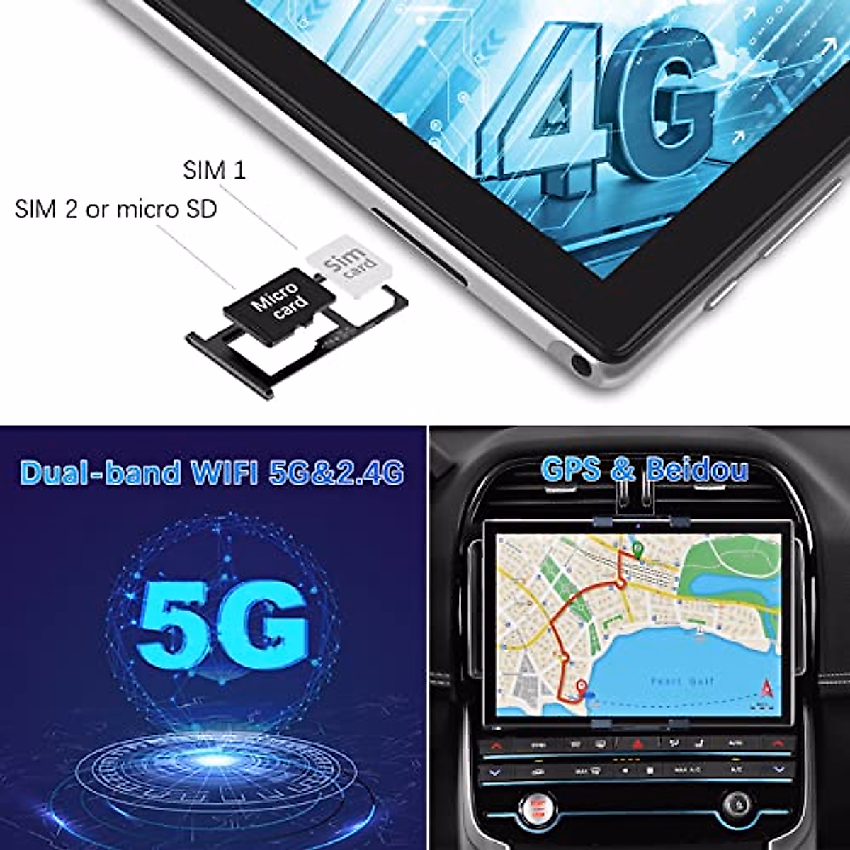 qunyiCO Android Tablet 10 inch Tablets Y20 (10.1'') Android 10.0 Tablet, 4G Dual SIM, 4GB RAM 64GB ROM, 8000mAh, 1280x800 IPS, 5MP+13MP Dual Camera, 5G / 2.4G Dual WiFi, Type C/OTG/GPS