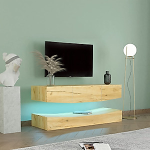 Wood Floating TV Stand for 55 Inch TV LED TV Console Wall Mounted Entertainment Center with Display Platform and 3 Drawers Media Table Cabinet for Living Room Oak