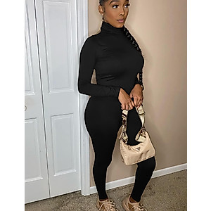 Mokoru Women's Tracksuit 2 Piece Outfits Turtleneck Long Sleeve Shirt Workout Jogger Legging Pants Set, Large, Black