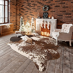 Chicrug Exquisite Faux Fur Cowhide Rug, 4.6 x 5.2 Feet Cow Hide Western Room Decor Rug for Living Room Bedroom, Non Slip Cute Cow Animal Print Floor Carpet for Kids Family, White and Brown