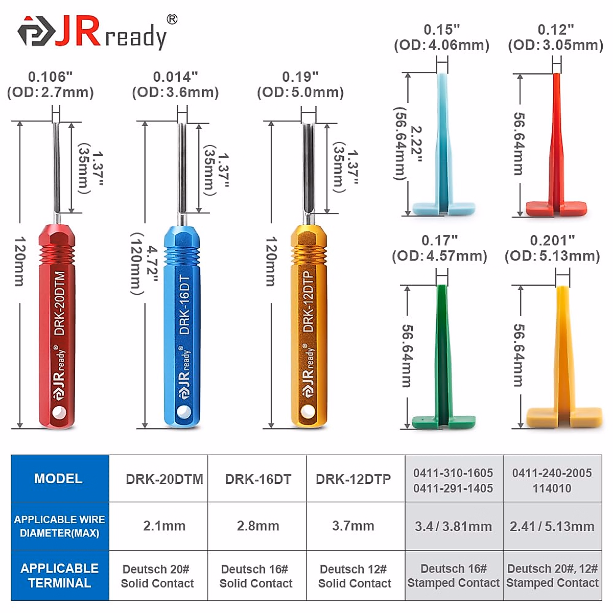 JRready ST5236 Deutsch Pin Extractor Tool for 16#12#20# Solid/Stamped Contacts 10-22 AWG, Terminal Removal Tool Kit with Steel DRK-RT1 for Deutsch DT,DTM,DTP Series Connector 13PCS
