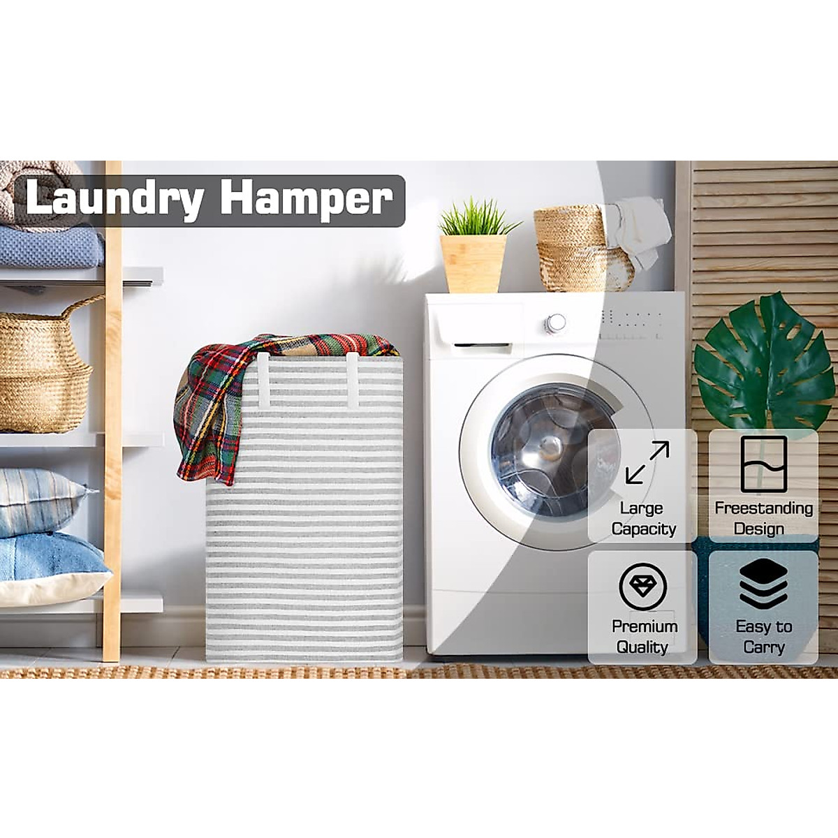 MecTo 72L Collapsible Laundry Hamper Freestanding Laundry Basket with Easy Carry Long Handles, Foldable Clothes Hamper Storage Basket for Bathroom Bedroom Dorm, Grey