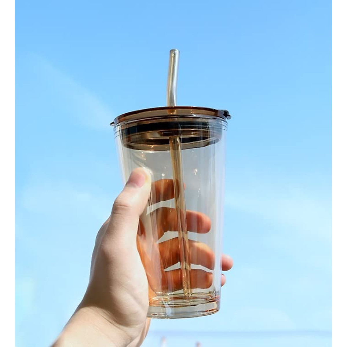 RYUHYF Straw cup, coffee cup, glass with straw and lid, double drink cup, milk cup, tea cup, ice coffee cup, car cup,set of 1 (16oz, Amber)