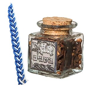 Masoret Set: Blue Havdalah Candle 11.8" with Glass Besamim Holder 2.4" 1.6" with Laser-Cut Plaque