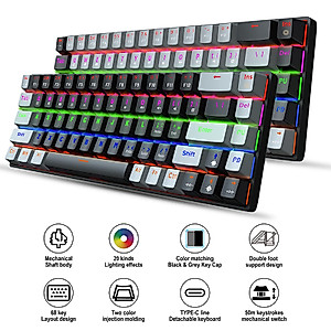 Horoper Computer Mechanical Keyboard, Mechanical Keyboard 68‑Key Red Shaft Green Shaft Dual Color RGB Backlit Gaming Mechanical Keypad (Gray)