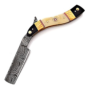 Hand Made Damascus Steel Straight Razor Folding Razor With Shaving Ready Classic Barber Blade Edge, Men Straight Razor, Leather Case + Strop, Close Shave, Great Gift R-50