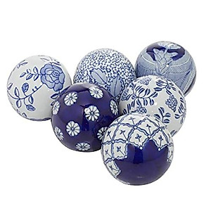 Enterprise Set of 6 Ceramic Blue Balls, 3 Inches, Blue and White Gloss Ceramic Bowl Filler and Accents