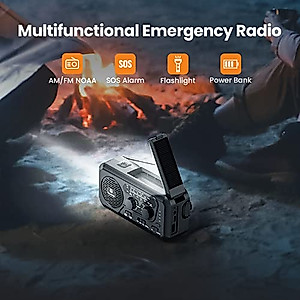 Emergency Radio, TENROOP Upgraded 5000mAh Solar Hand Crank Weather Radio for Hurricane, 4-Way Powered AM/FM/NOAA Weather Alert Portable Radio with Flashlight, Reading Lamp, Power Bank, SOS Alarm-Black