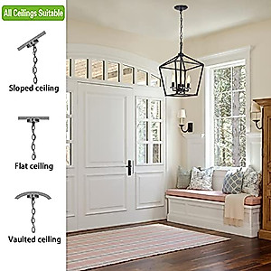 Untrammelife 4-Light Black Lantern Pendant Light, Adjustable Height Square Cage Pendant Hanging Lighting Fixture 11’’ Rustic Lantern Chandelier for Dining Room Kitchen Island Foyer