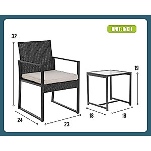 FDW 3 Pieces Outdoor Patio Furniture Wicker Bistro Rattan Chair Conversation Sets for Yard Lawn Balcony Poolside Backyard,Black