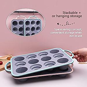 IKOJING Muffin Pan Silicone Baking Pan, Muffin Tin, 12-Cavity Cupcake Chocolate Silicone Mold, Non-Stick Baking Cup, BPA Free, Dishwasher Safe, 201 Stainless Steel Inside, No Deformation (Pink)