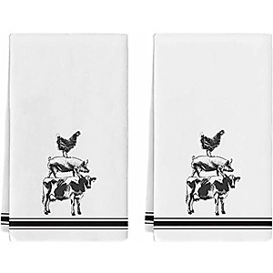 VDLBT Farmhouse Kitchen Towels Stacked Farm Animals Dish Towels Dishcloth Fingertip Hand Bath Towel Black Stripes Soft Tea Towel Set of 2