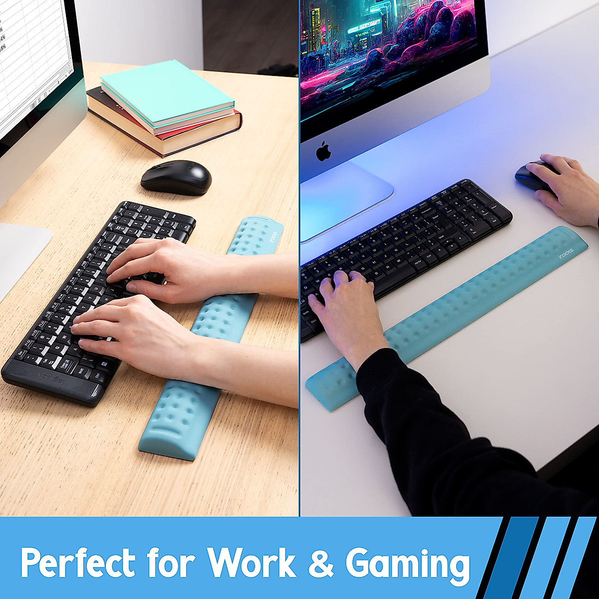 i-Rocks IRC41 Ergonomic Keyboard Memory Foam Wrist Rest Pad with Anti-Slip Base; Provides Cushioned Support and Pain Relief for Office, Gaming, Computer, Laptop, and Typing. (Black)