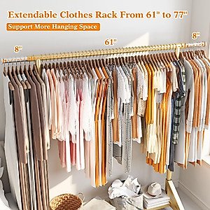 Raybee Clothes Rack 77" W Heavy Duty Clothing Rack Gold Clothing Rack with Wheels Clothes Racks for Hanging Clothes Heavy Duty Metal Rolling Garment Rack Industrial Clothing Rack 77''W×66''H×24''D