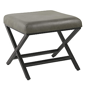 Homepop Home Decor | Modern Square Ottoman with Metal X Base | Ottoman for Living Room & Bedroom | Decorative Home Furniture (Gray Faux Leather) Small