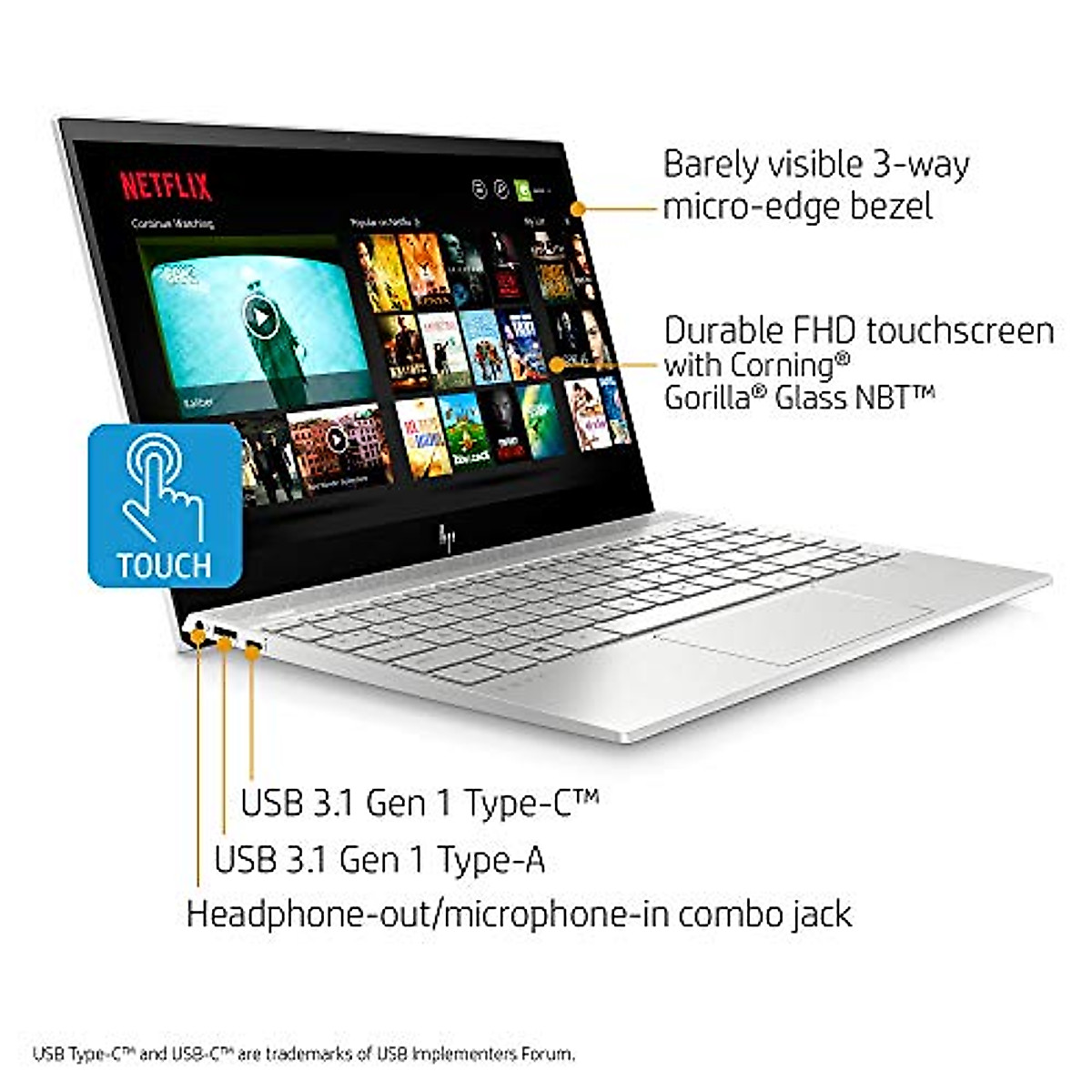 HP Envy 13” Thin Laptop W/ Fingerprint Reader, FHD Touchscreen, Intel Core i7-8565U, 8GB SDRAM, 256GB SSD, Windows 10 Home (13-aq0005nr, Natural Silver)