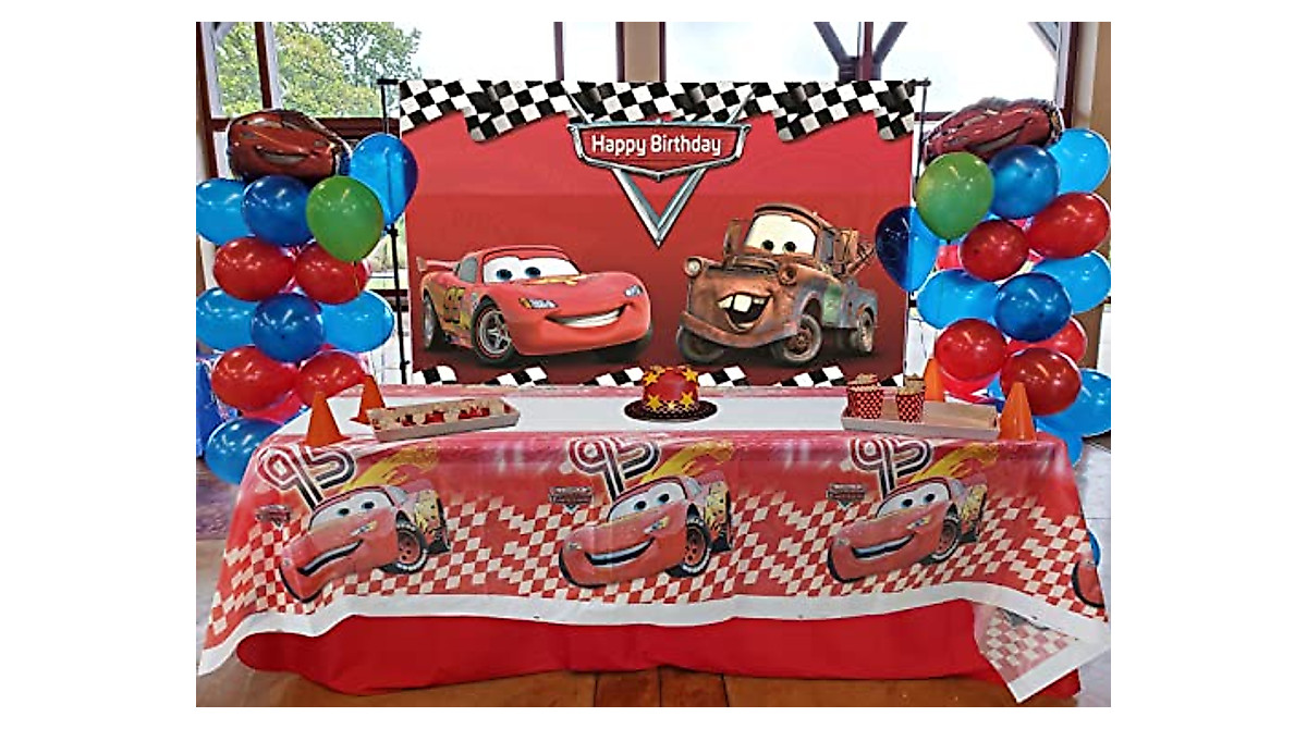 Red Car Racing Birthday Party Backdrop & Tablecloth Set