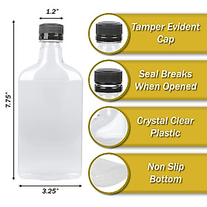 PELLAH GOODS 375 ml (12.7 Oz.) Plastic Flask PET Clear Bottles With Tamper Evident Sealable Lids (Bulk Pack of 154) (Black Caps) for Liquor, Alcohol, Sauce, Honey, Beverage