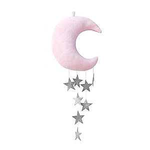 Braceus Wall Backdrop Children Room Hanging Moon Stars Stuffed Decor for Baby Bedroom (Pink + Silver)