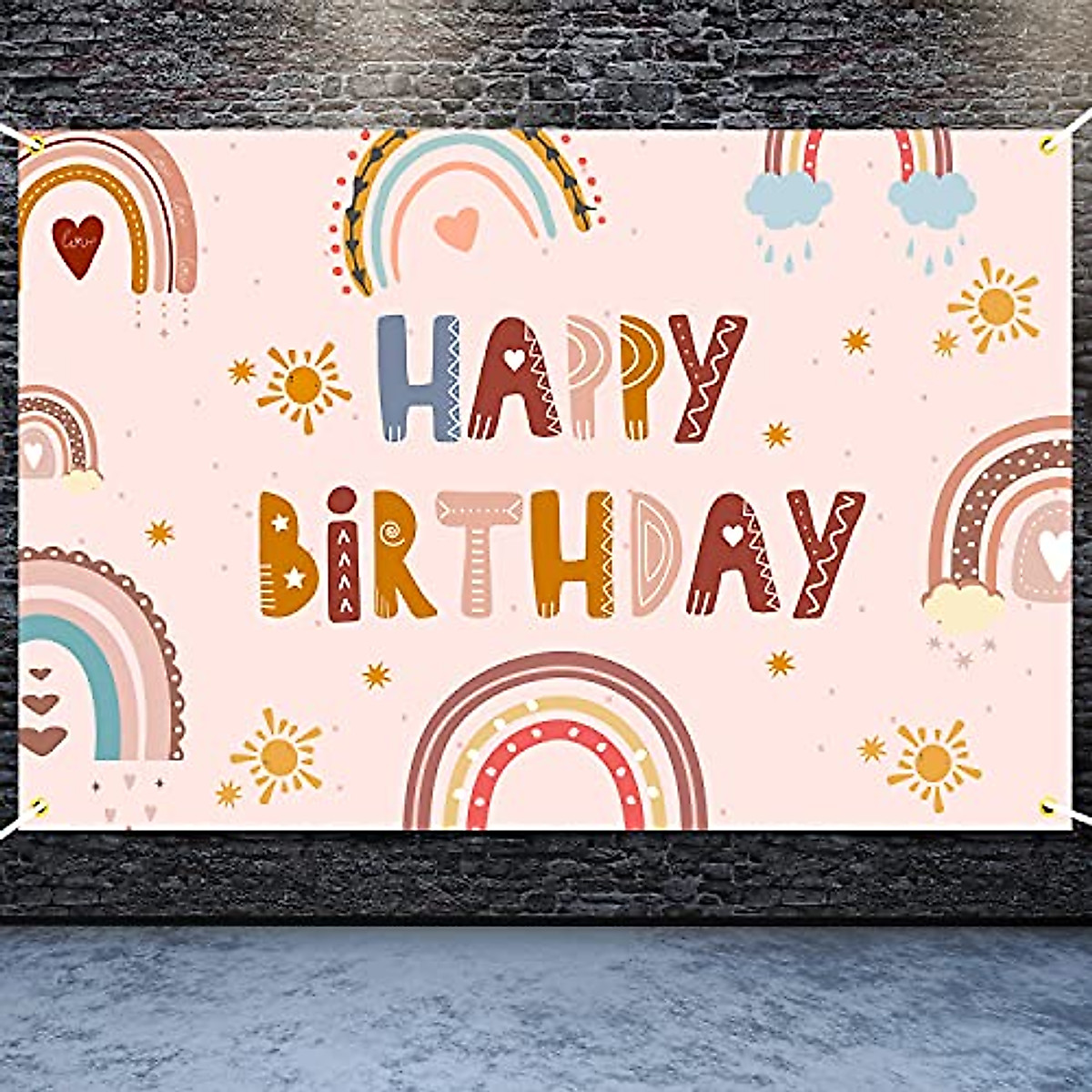 Boho Rainbow Happy Birthday Backdrop Banner Pink Bohemian Sunshine Theme Background Decorations for Women Girls Baby Shower Photography Party Sign Decor Supplies