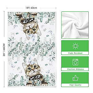 Artoid Mode Eucalyptus Leaves Cat Hello Sweet Kitchen Towels Dish Towels, 18x26 Inch Buffalo Plaid Bow Tie Holiday Decoration Hand Towels Set of 2