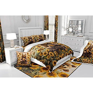 Feelyou Bear Bedding Set for Girls Boys Kids King Size Sunflower Comforter Cover Set Room Decorative Butterfly Duvet Cover Brown Bedspread Cover Bedclothes,No Comforter