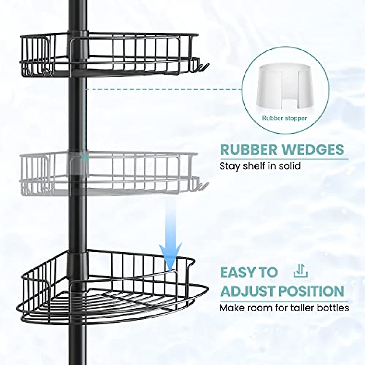 EZFurni Shower Caddy Corner, 4 Layer Shower Organizer, Rustproof Stainless Shower Shelves, Drill Free Shower Rack, Large Shower Storage and Shower Caddy Tension Pole,56-114 Inch, Black