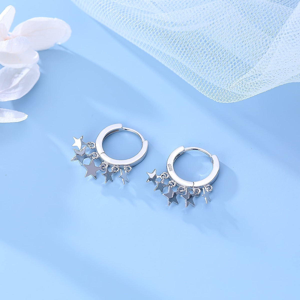 SLUYNZ 925 Sterling Silver Star Hoop Earrings for Women Shiny Star Earrings Hoop (A-Silver)